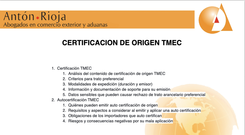Certificación de origen TMEC - Antón Rioja